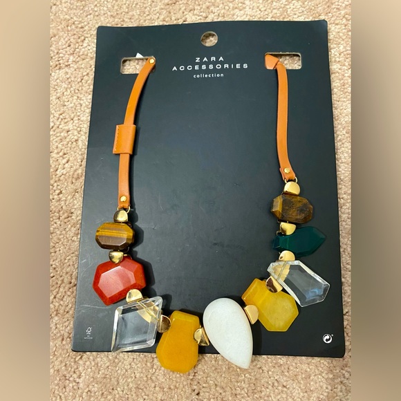 Zara | Jewelry | Zara Stone Necklace With Leather Strap | Poshmark